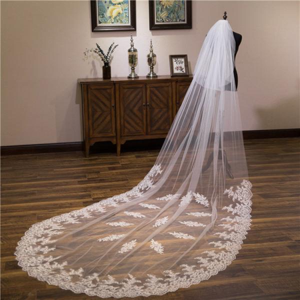 Quality Elegant Customized Two Layers Appliqued Lace 3.5m*1.8m Tulle Bridal Wedding White Veil With Hair Comb for sale