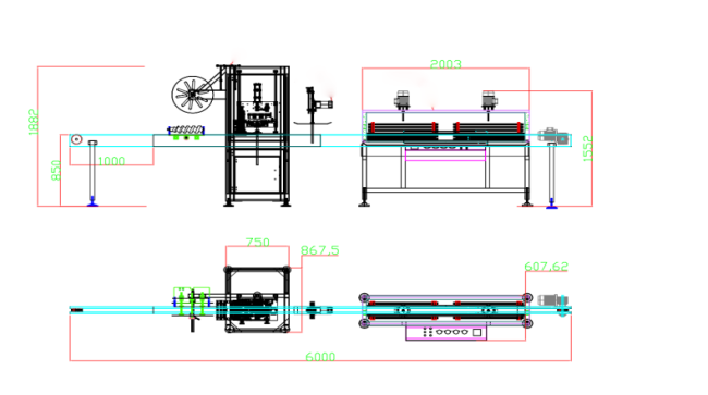 Technical drawing of milk bottle sleeve shrinking machine with three furnaces