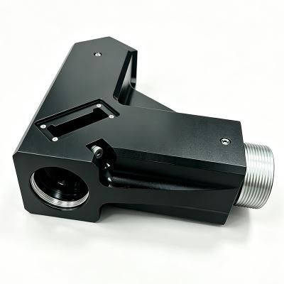 China Custom CNC Machined Aluminum 90 Degree Threaded Valve Block | Black Anodized Billet Aluminum Fluid Pipe Fitting Connector for sale
