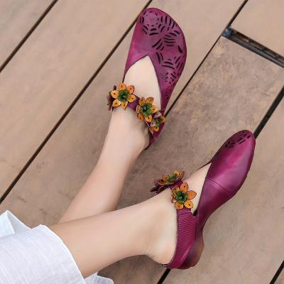 China S004 2020 spring and summer new leather hollow flower velcro women's shoes round toe ethnic style handmade single shoes for sale