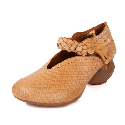 China S020  2020 spring and summer new leather original handmade casual round toe thick heel personalized embossed women's for sale