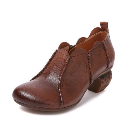 China S023 Casual original single shoes leather round head thick heel handmade small leather shoes women for sale