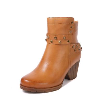 China S025 New rivet leather short boots original handmade thick heel classic versatile high heel casual women for sale