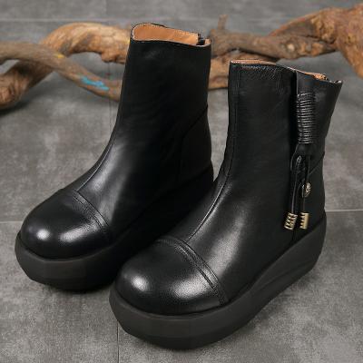 China S034 New autumn and winter thick-soled wedges women's boots warm fleece Martin boots rear zipper round head cowhide retr for sale