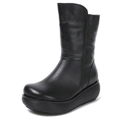 China S036 Autumn and winter new thick-soled wedges women's boots warm fleece Martin boots rear zipper round head cowhide retr for sale