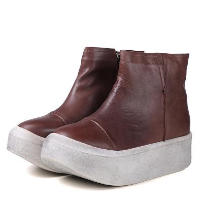 China S040 Round toe retro leather women's boots fluffy flat wedge heel literary fan original handmade thick-soled women's for sale