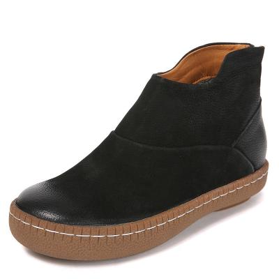 China S043 Round toe retro handmade women's single shoes deep mouth flat heel flat fluffy back zipper top layer cowhide women for sale