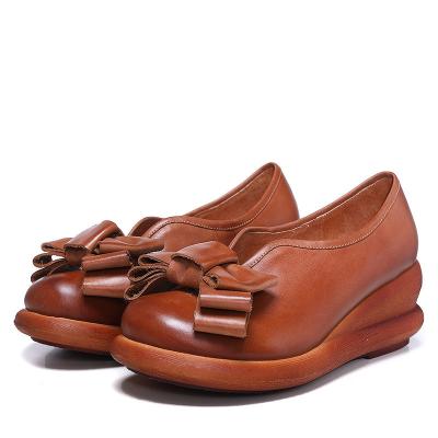 China S045Original retro handmade women's shoes spring new products 2020 leather wedge single shoes bow knot shoes for sale