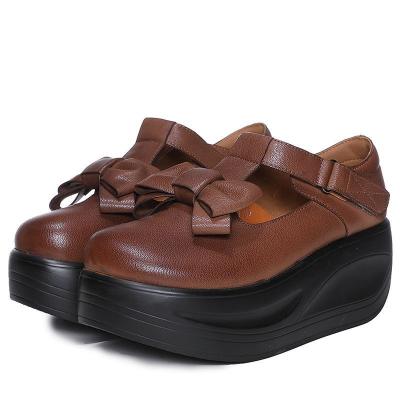 China S053 Round toe retro women's shoes thick bottom wedges leather top layer single shoes bowknot velcro non-slip casual for sale