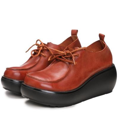 China S055 Retro round toe women's shoes, first layer leather lace-up, thick-soled wedge single shoes, non-slip new products for sale