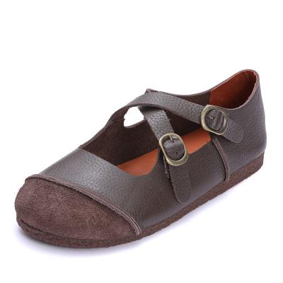 China S059 Factory retro contrast stitching leather women's shoes original handmade belt buckle shallow shoes for sale