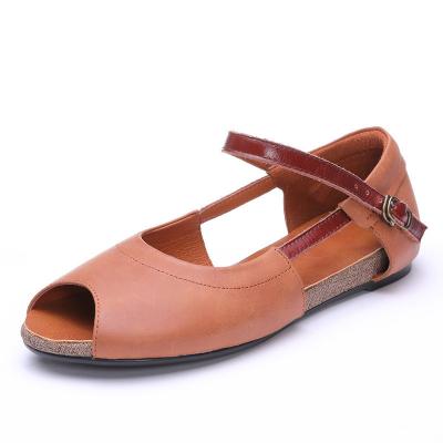 China S063 Summer new leather retro handmade metal buckle fish mouth flat shallow mouth women's shoes for sale