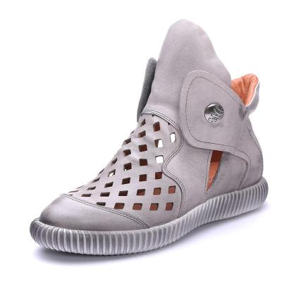 China S065 Summer new leather retro handmade velcro rhombus hollow round flat women's shoes for sale