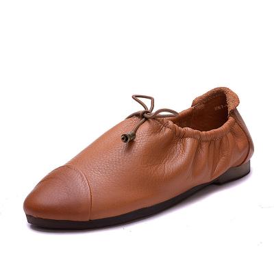 China S070 Single shoes 2020 fall new shallow mouth retro handmade leather lace-up elastic flat lazy shoes for sale