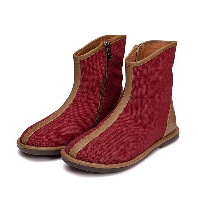 China S080 New women's short boots retro handmade leather linen fashion flat bottom mid-cut women's boots for sale