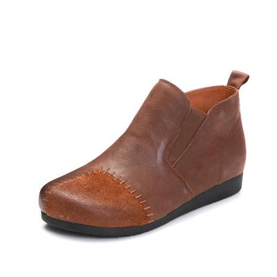 China S086 New women's shoes retro handmade leather stitching fashion elastic flat ankle boots women for sale