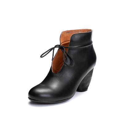 China S091 Autumn new high-heeled women's single shoes, retro lace-up leather fashion, thick-heeled four-season small leather for sale