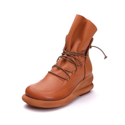 China S093 New women's shoes retro leather elastic lace-up fashion short boots thick-soled wedges women's boots for sale