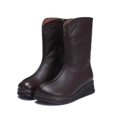 China S122 Autumn and winter new mid-tube round toe thick-soled women's boots, thick leather and velvet warm and cold-proof for sale