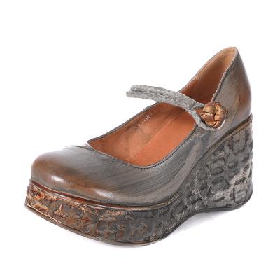China S132 Retro ethnic style gradient color leather platform wedge heel women's shoes for sale