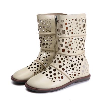 China S147 Factory retro literary leather high-top boots Guangzhou women's shoes round toe hollow ethnic wind breathable sanda for sale