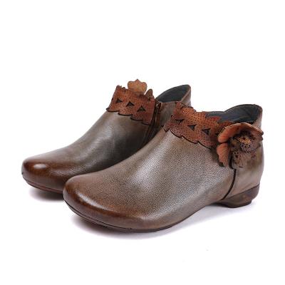 China S158 Factory autumn and winter new retro ethnic style polished color flower short boots flat handmade leather women's for sale