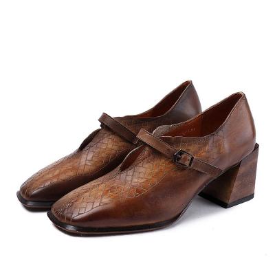China S170 2020 autumn and winter square toe thick heel handmade original leather high heels literary forest women's retro wom for sale