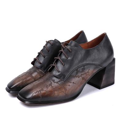 China S176 2020 autumn and winter new square head lace high heel women's shoes retro ethnic art handmade leather fashion singl for sale