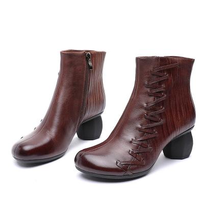 China S182 Factory autumn and winter new handmade retro ethnic leather women's shoes in tube thick heel cowhide boots wholesal for sale