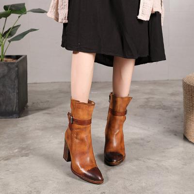 China S196 2020 autumn and winter new pointed high heel retro weathered textured leather boots ethnic style women's shoes fact for sale
