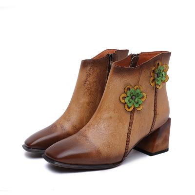 China S214 High-heeled flowers handmade leather women's boots ethnic literary thick with short tube retro cowhide women's shoe for sale