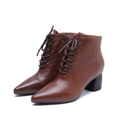 China S221 Pointed toe leather short boots Korean style all-match high heel women's leather boots for sale