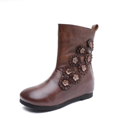 China S234 Leather handmade flowers women's boots thickened woolly cotton shoes in tube leather women's shoes for sale