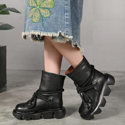 China S236 Retro short boots handmade leather thick-soled warm women's shoes autumn and winter thickened woolen shoes for sale