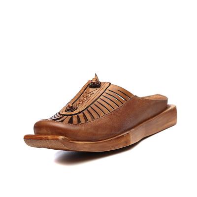 China S244 Ethnic style square head casual Baotou sandals handmade leather hollow single shoes women's shoes for sale