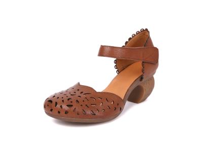 China S296 Spring New Products Original Handmade Leather Velcro Single Shoes Hollow Retro Casual Round Toe Wedge Shoes for sale