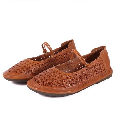 China S299 2020 Retro Ethnic Hollow First Layer Cowhide Handmade Women'S Shoes Soft Flat Simple Single Shoe Manufacturer for sale