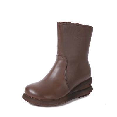 China S320 Round Toe Flat Wedge Heel Top Layer Cowhide Mid-Tube Women'S Boots Leather Warm Martin Boots for sale