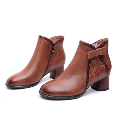 China S321 Round toe flat wedge heel top layer cowhide mid-tube women's boots leather warm Martin boots for sale