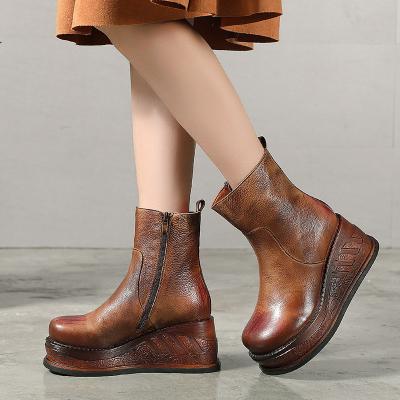 China S325 Increased Thick Bottom Top Layer Leather Handmade Boots, Ethnic Style Retro Waxed Leather Personalized Fashion Wome for sale