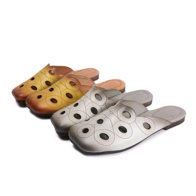 China S351 Factory New Retro Gradient Color Leather Flat Sandals And Slippers Handmade Hollow Slippers Literary Women'S Shoes for sale