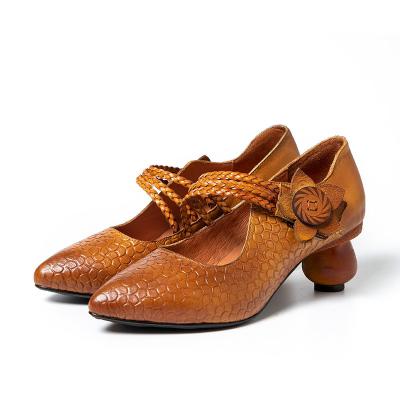 China S360 Fashion All-Match Pointed Cowhide Single Shoes Spring Retro Ethnic Style High-Heeled Flower Women'S Shoes for sale
