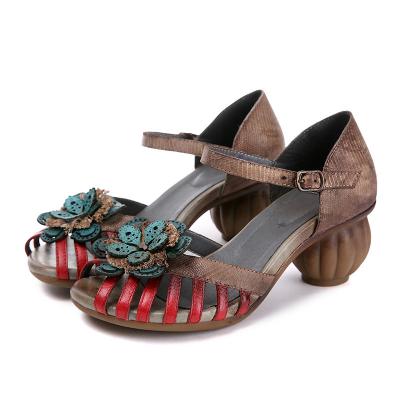 China S363 Factory Retro Ethnic Handmade Flower Leather Sandals Increase Breathable Fish Mouth High Heel Women'S Shoes Process for sale