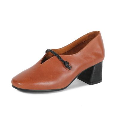 China S415 Shoes Square Toe Thick Heel Leather Women'S Shoes Mori Art Simple Handmade Single Shoes Factory Wholesale for sale