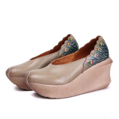 China S421 Original Hand-Painted Peacock Ling Ethnic Style Single Shoes Retro Slope Heel Thick Bottom Increased Leather for sale