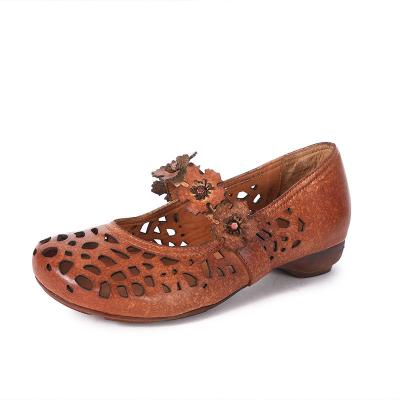 China S428Spring And Summer Flowers Hollow Sweet Temperament Leather Handmade Women'S Shoes Round Toe All-Match Single Shoe Ma for sale