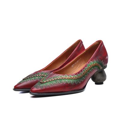 China S438 2020 Retro Hand-Embroidered Soft Leather High Heels Ethnic Style Pointed Toe Spring And Summer New Women'S Shoes Wh for sale