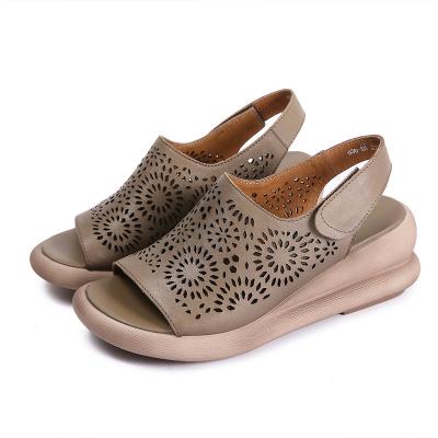 China S476 Leather Handmade Velcro Casual Women'S Sandals High Heel Retro Thick Bottom Ethnic Style Summer Women'S Shoes Proce for sale