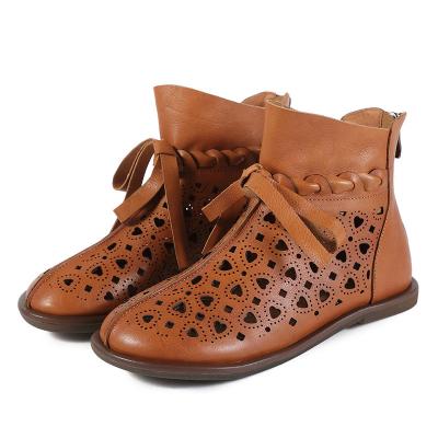 China S482 Leather Hollow Breathable High-Top Round-Toe Women'S Shoes Ethnic Style Handmade Flat Spring Shoes 2019 New for sale