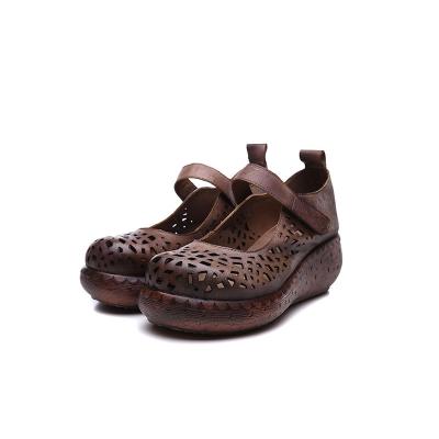 China S492 Retro Ethnic Style Thick-Soled Sandals With Velcro Hollow Leather Handmade High-Heeled Women'S Shoes Wholesale Proc for sale
